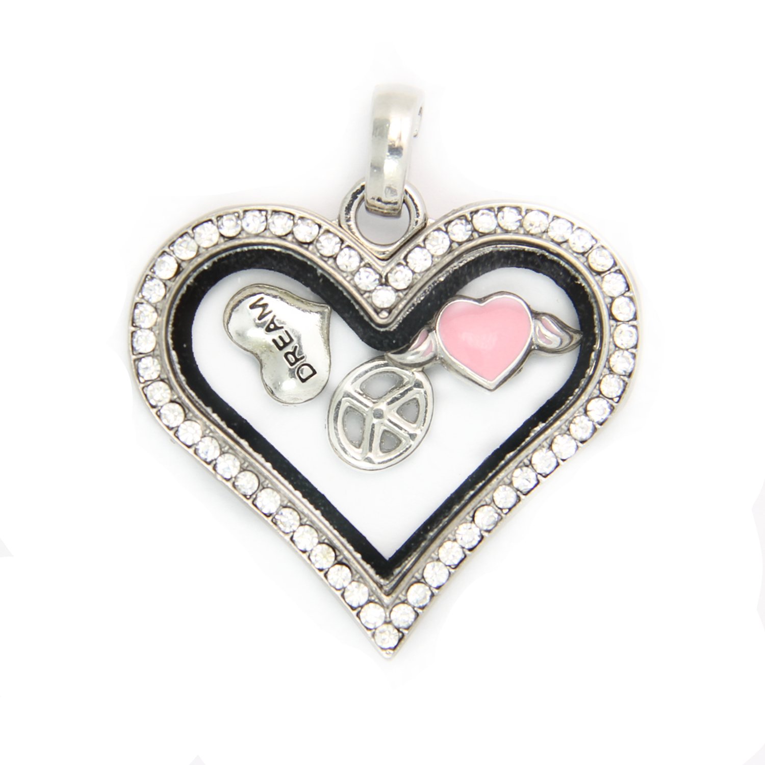 JOJO & LIN Magnetic Floating Locket Charm 30mm Medium with Snake Chain Mothers Day Gift (Silver Crystal Heart)