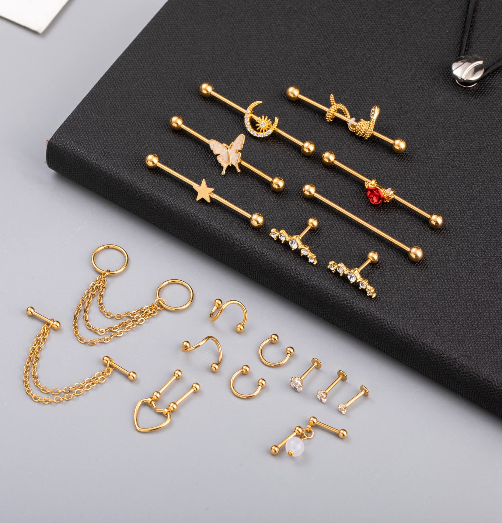 NICEIGHT 20Pcs 316L Stainless Steel Industrial Barbell Earring Cartilage Earring Helix Tragus Studs Conch Daith Piercing Jewelry G