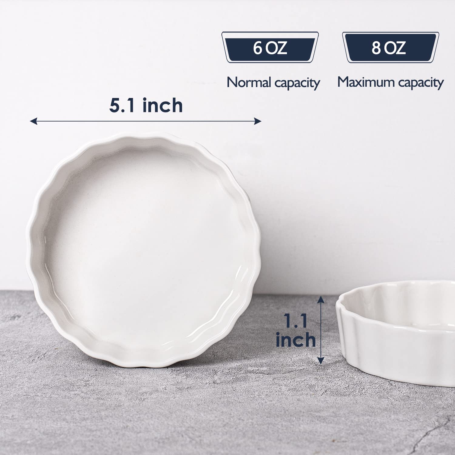Ramekins 8 oz-Delling Creme Brulee Ramekins, Round Fluted Quiche Dishes Tart Pan, Oven Safe Ramekins for Baking, Souffle, Ramekins Set of 6, White