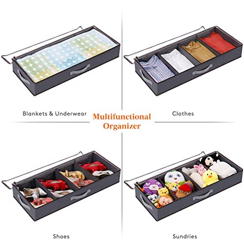 Lifewit Under Bed Clothes Organizer Large Adjustable Dividers Storage Bag with Durable Fabric, Reinforced Handle, 4 Clear Window for Clothing, Shoes, Blankets, Sweaters, Grey, 2 Pack
