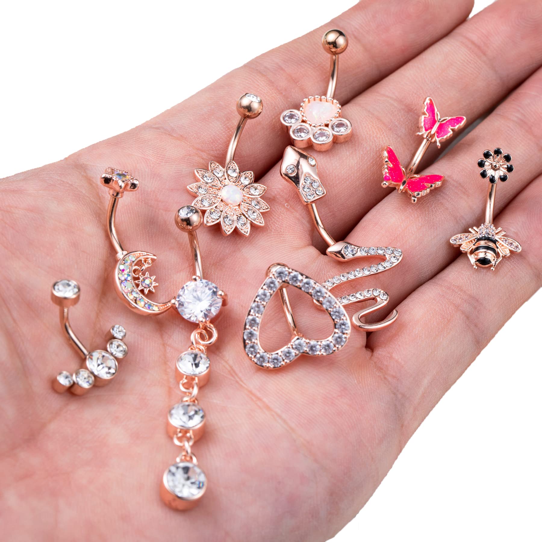 NICEIGHT 9PCS Stainless Steel Belly Button Rings Dangle Belly Rings for Women Heart Moon Snake Flower Navel Rings Body Jewelry Piercing Rose Gold