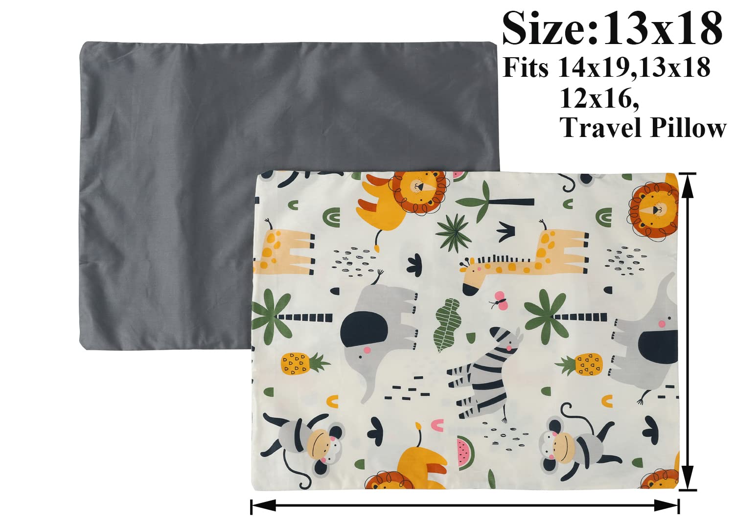 Tontukatu Toddler Pillowcase Set 2 Pack Super Soft Cotton Zipper Closure Travel Pillow Covers, Fits Pillow 14 x 19 13 x 18 12 x 16 Grey Elephant Lion
