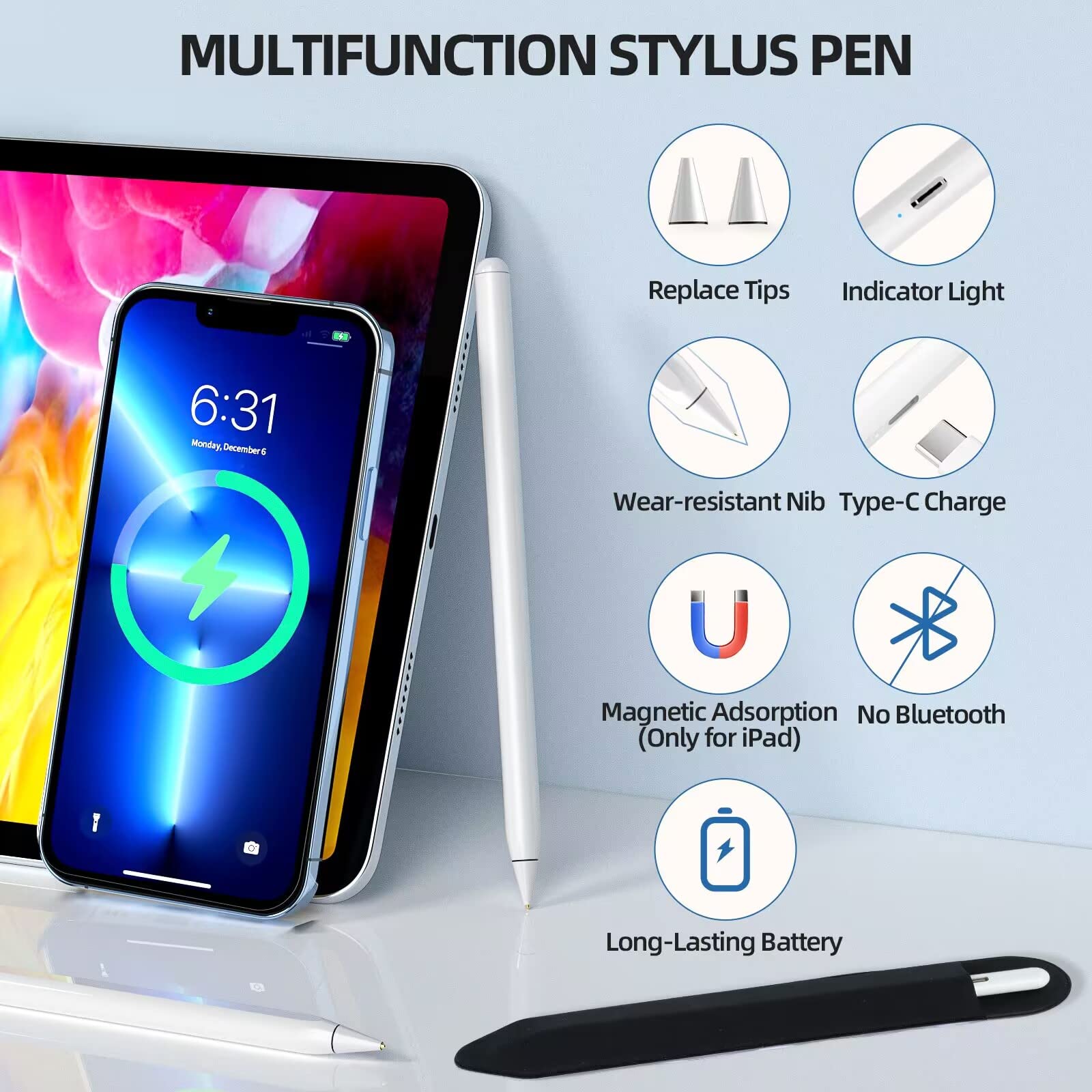 Stylus Pen for Touch Screens, Active Pen Digital Pencil for iOS & Android Touch Screens, Pencil with Carrying Case for iPad/iPad Pro/Air/Mini/iPhone/Cellphone/Samsung/Tablet Drawing & Writing