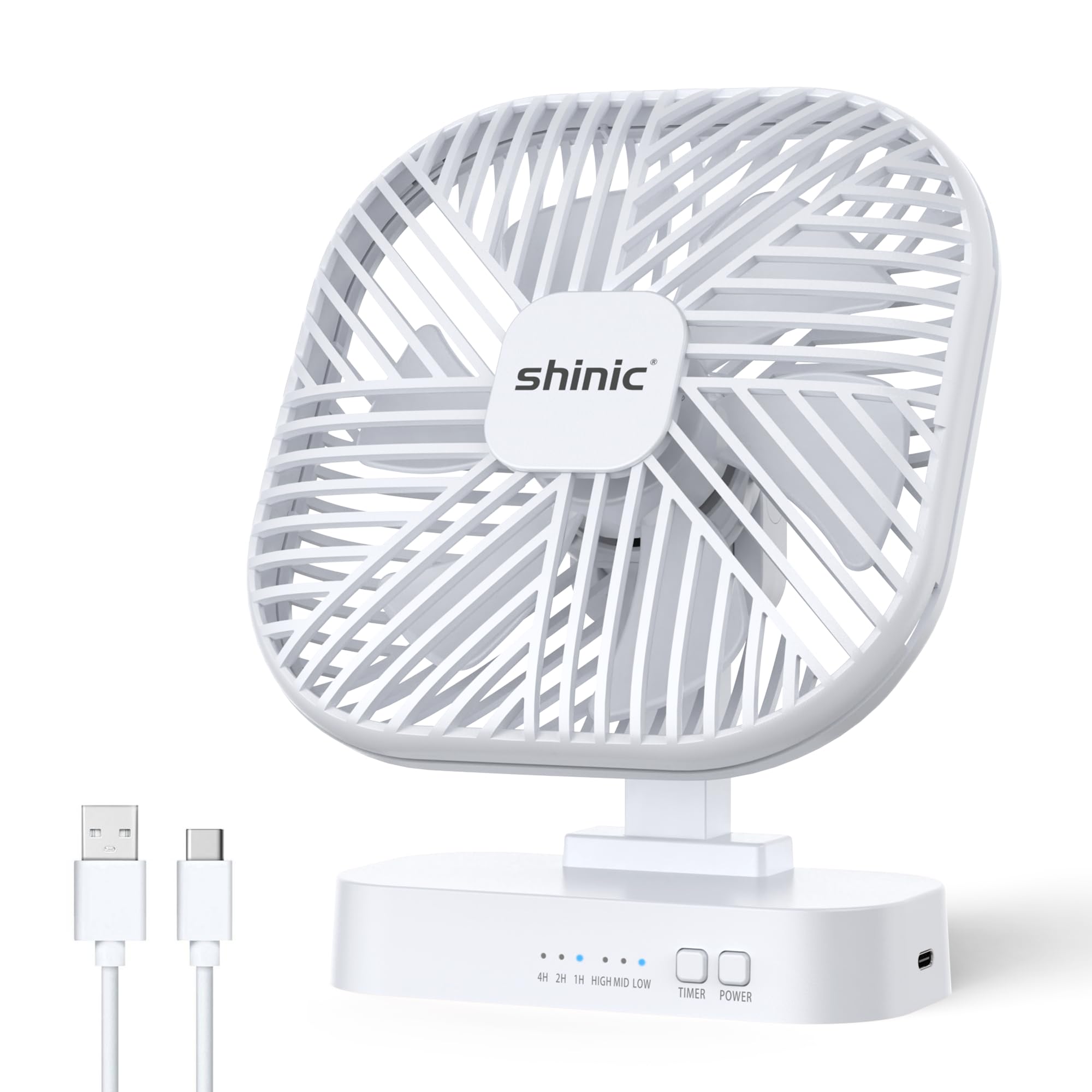 shinic 5 Inch Desk Fan AA Battery Operated, Table Fan with Timer, 6-Blade Design, 3 Speeds, Extra Quiet, Adjustable Angle,Small Table Fan for Bedroom, Outdoor Office Desk (without Batteries) White