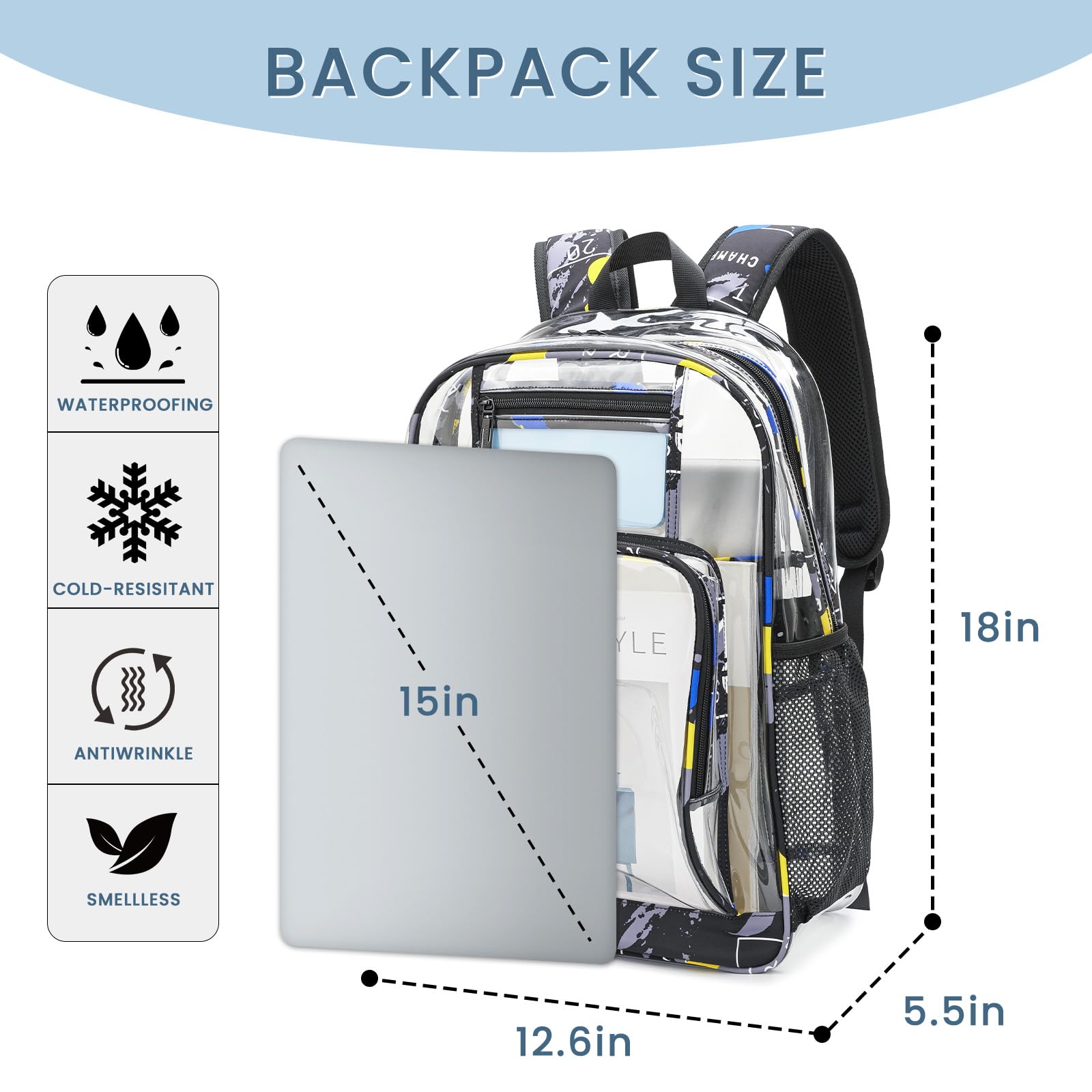 LISINUO Clear Backpack Heavy Duty PVC Transparent Backpacks for Stadium Approved Send Stickers (Yellow)
