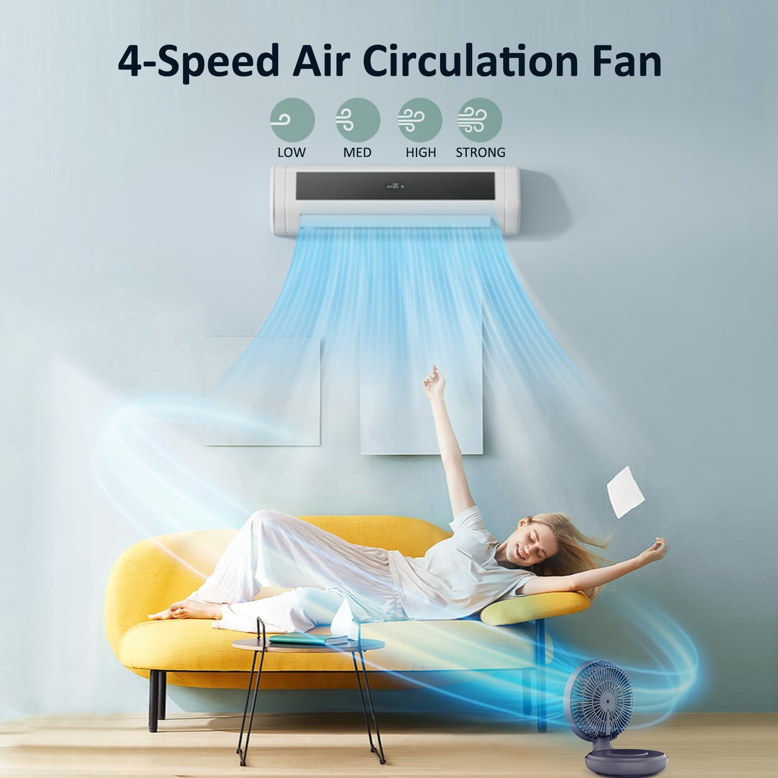 shinic Ultra Quiet Table Fan Battery Operated, 4 Speeds, Auto Oscillation, Foldable Fan for Travel, Small Wall Fan for Bedroom Home Kitchen Desktop Office, USB Rechargeable, Grey, Medium, TP2106-WH