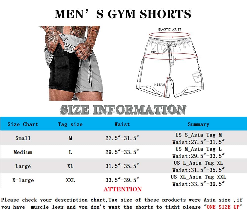 Malavita Men's Workout Running Shorts 2 in 1 with Zipper Pockets Black Large