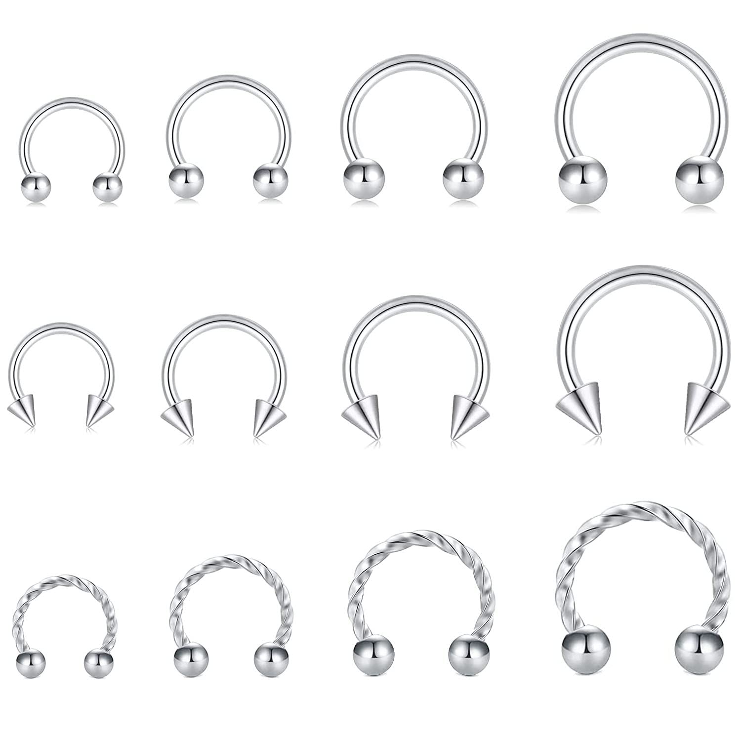 SENLANSP 12PCS 16G Stainless Steel Nose Septum Rings Horseshoe Spike Lip Rings EarringEyebrow Piercing Ring Simple yet Elegant for Women Men (silver)
