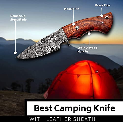 onlyhandmade 10 Inch Damascus knife Handmade Hunting Knife with Sheath Fixed blade knife Non-Slip Wood Handle (Brown)