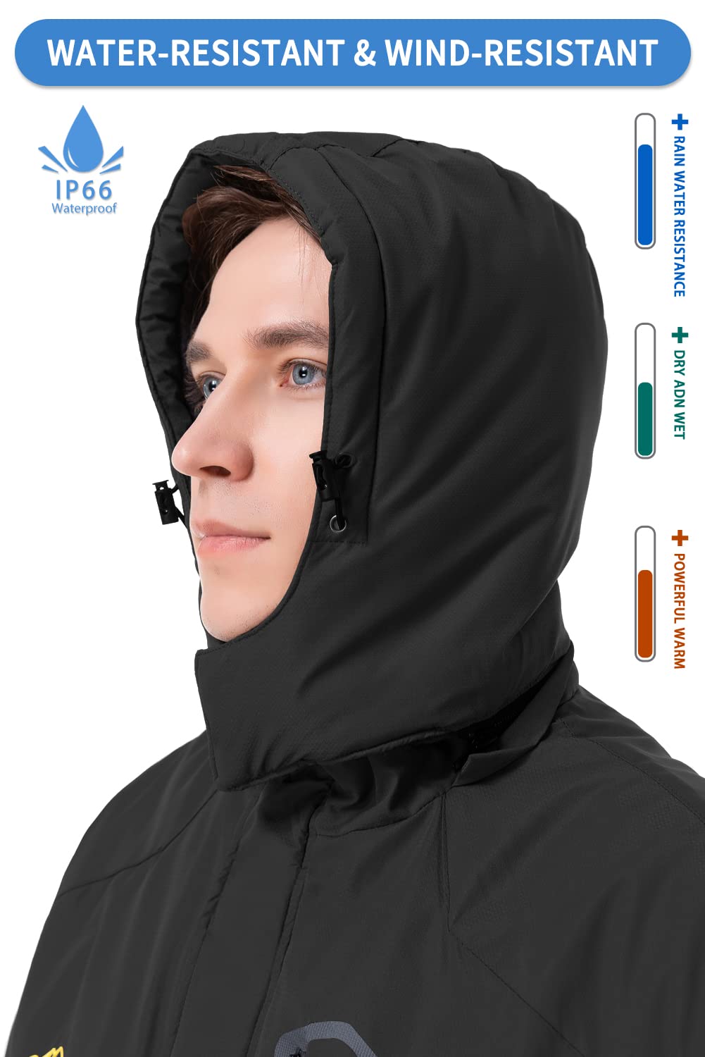 Men's Mountain Waterproof Ski Jacket Windproof Rain Jacket Winter Warm Snow Coat II with Removable Hood U120WCFY028,Black,L