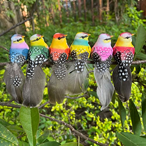 LWINGFLYER 6pcs 4.3" Artificial Simulation Foam Birds Clip on Sparrow Spotted Feather Bird Ornaments for Craft Christmas Decoration Home Garden Party Accessories