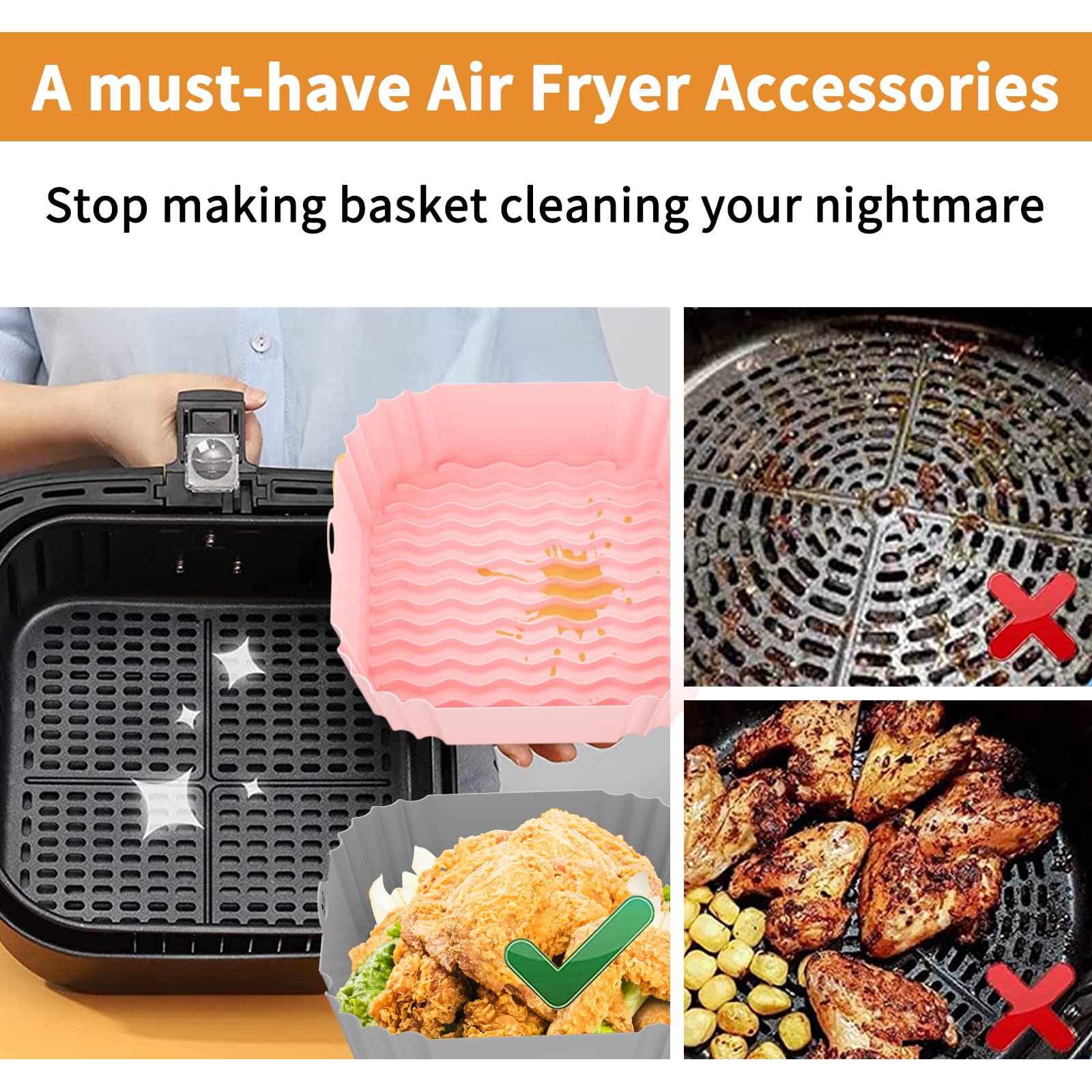 OUTXE 2-Pack Square Silicone Air Fryer Liners 8 inch for 4 to 7 QT, OUTXE 2-Pack Dual Air fryer Silicone Liners for 8 to 10 QT Ninja DZ201/ DZ401