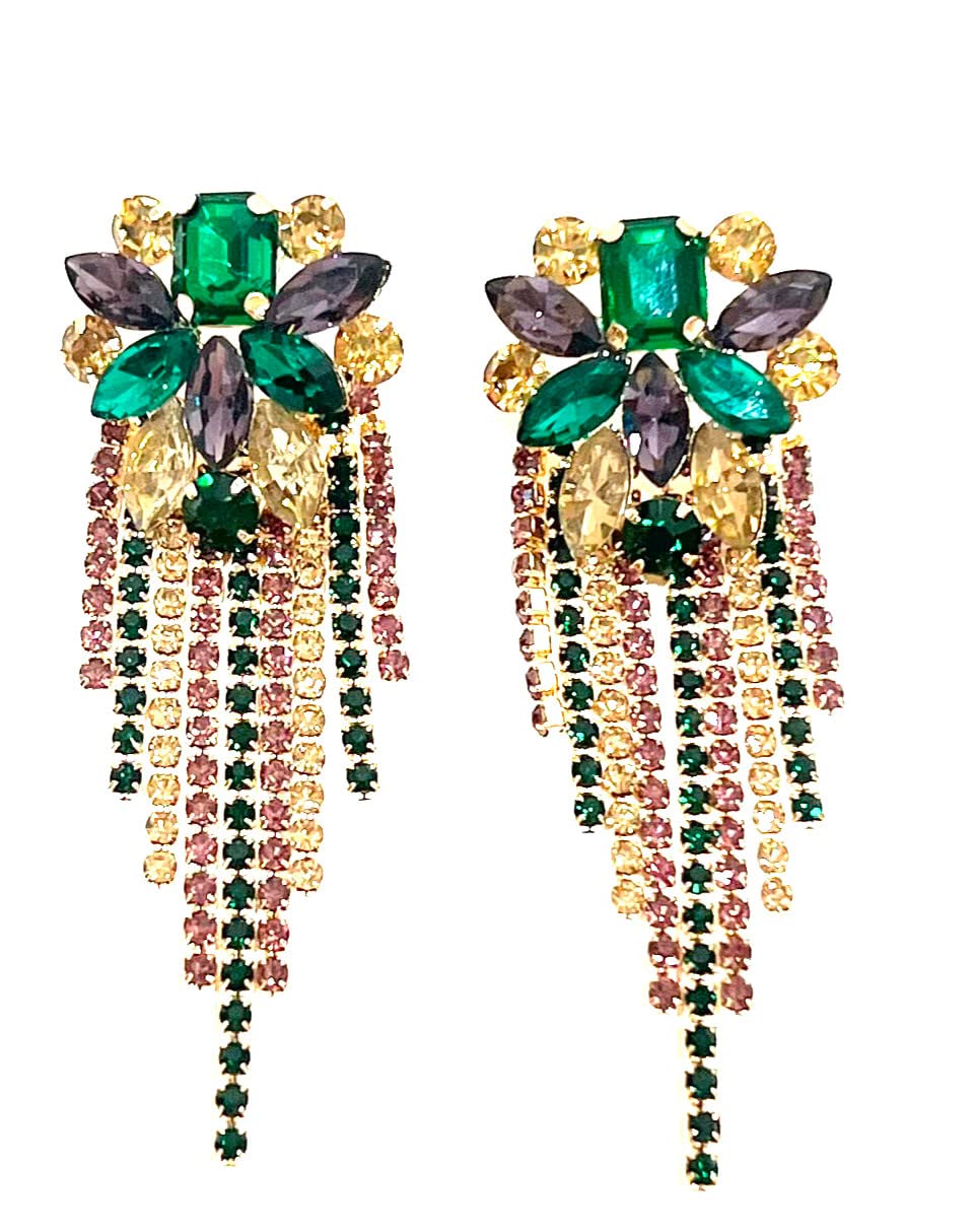 Rhinestone Chandelier Earrings with Gold Finish - Mardi Gras