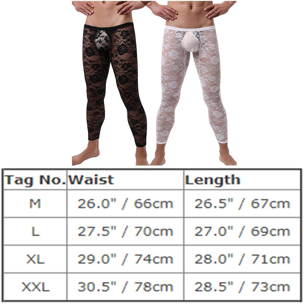 Men's Sissy Floral Lace Sheer Mesh Long Pants Leggings Low Rise Semi See Through Transparent Long Johns Tights Black Small