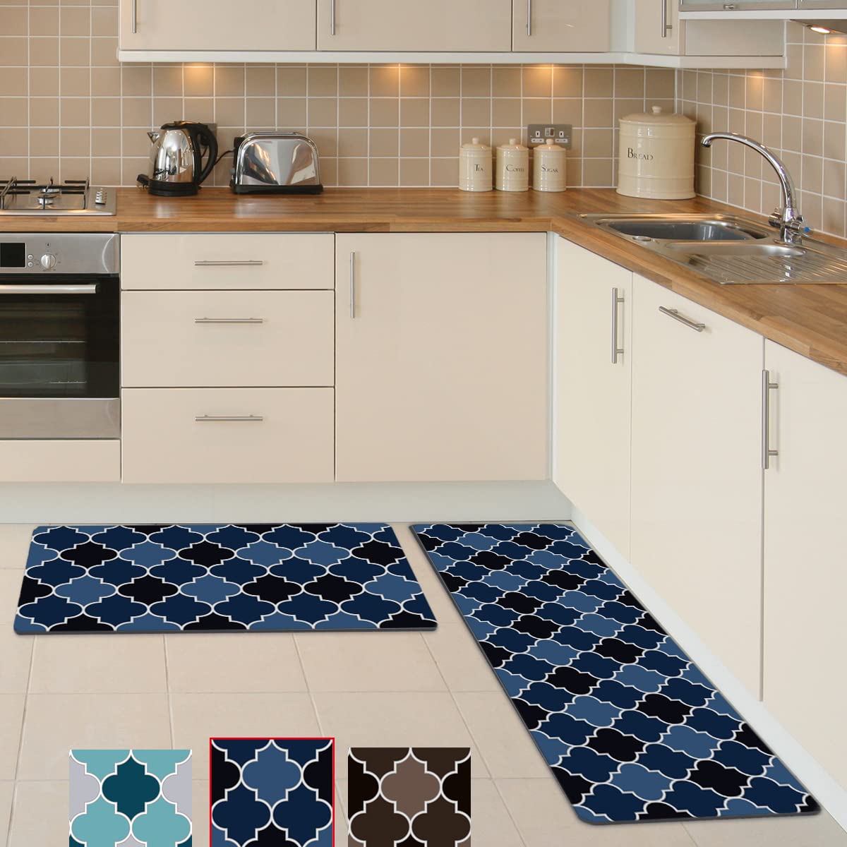 moonysweet Anti Fatigue Kitchen Rug Mat Non Skid Cushioned Navy Blue Black Waterproof Non Slip PVC Leather Runner Standing Mat Trellis Quatrefoil 17" x 29" +17" x 47" Set of 2 (2 Pieces)