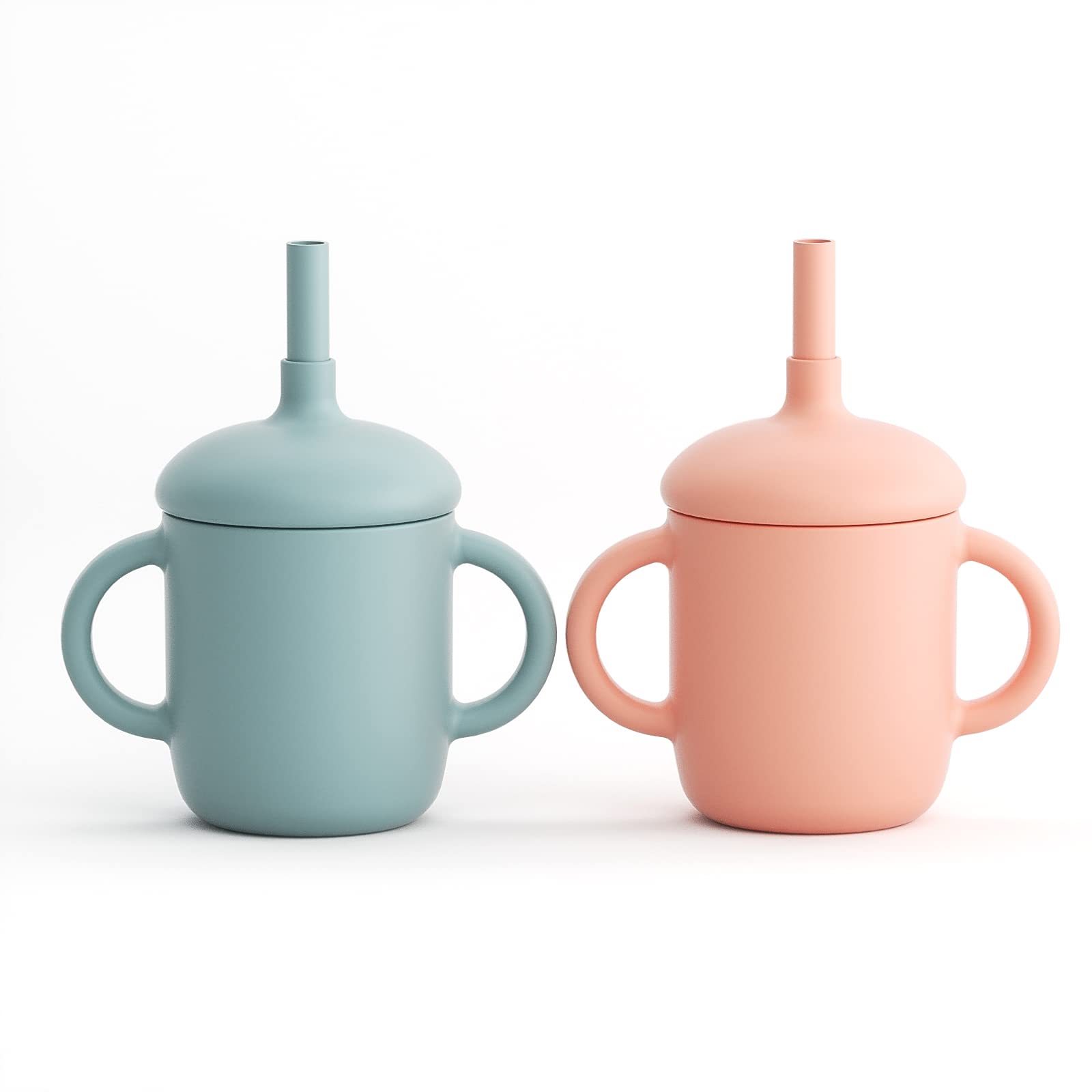 Toddler Cup, Silicone Training Cup Sippy Cup with Straw, Spill Proof and Non-Slip Handles, NO BPA, Unbreakable, Trainer Cup for Babies Toddlers and Infants, 2 Count, 5 oz, Grey Blue, Peach Pink