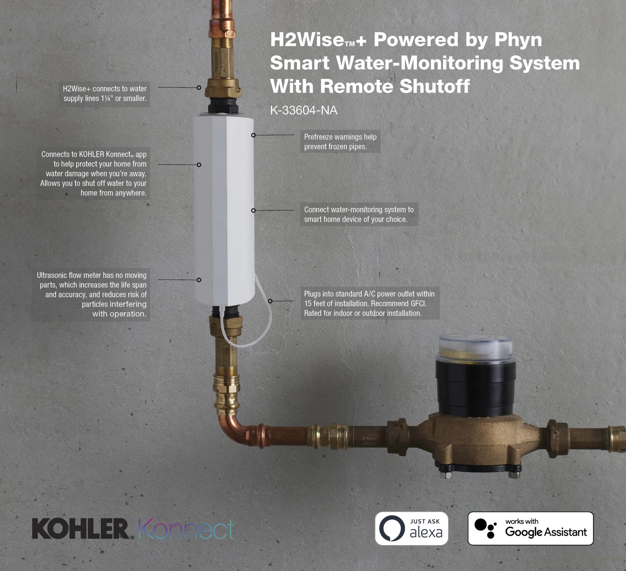 KOHLER H2Wise+ Smart Home Water Monitor and Automatic Shutoff Valve, Water Leak Detector and Water Usage Tracker,White