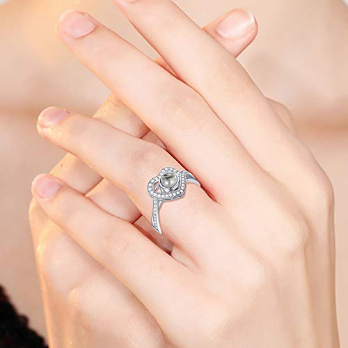 LONAGO 925 Sterling Silver I Love You 100 Language Heart Ring Engagement Ring for Women Couple Mother, Size 6
