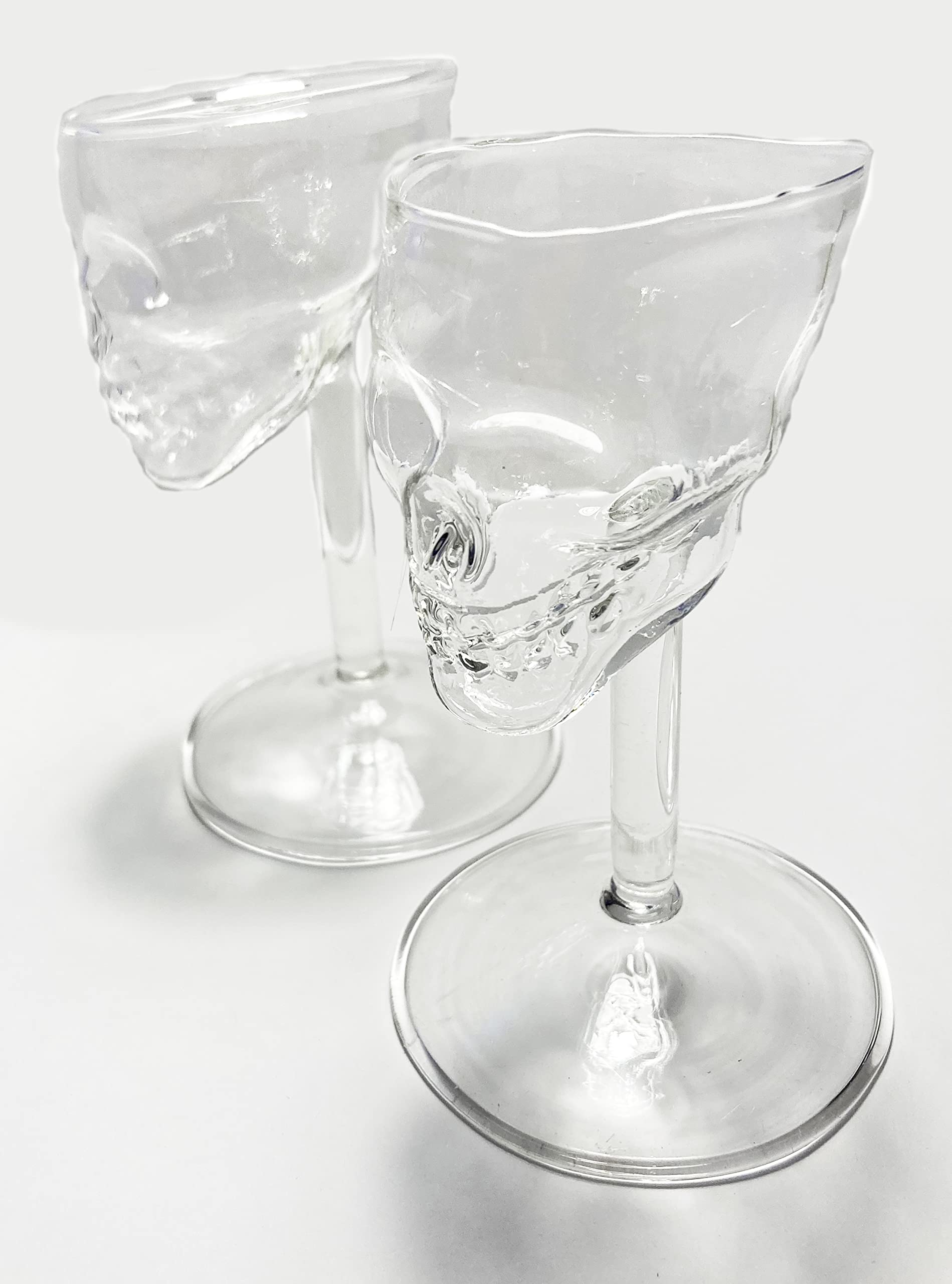 Mazeology Modern Handmade Mouth-blown Crystal Clear Borosilicate Glass SKULL Shaped Set of Two Stemmed Wine or Cocktail Glasses, good for Liquors, After-Dinner Drinks and More!