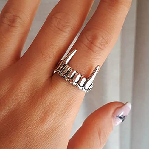 OIDIMS Personalized Gothic Vampire Teeth Rings for Women Men Werewolf Fang Cool Dainty Adjustable Finger Ring Fashion Expandable Open Size Halloween Birthday BFF