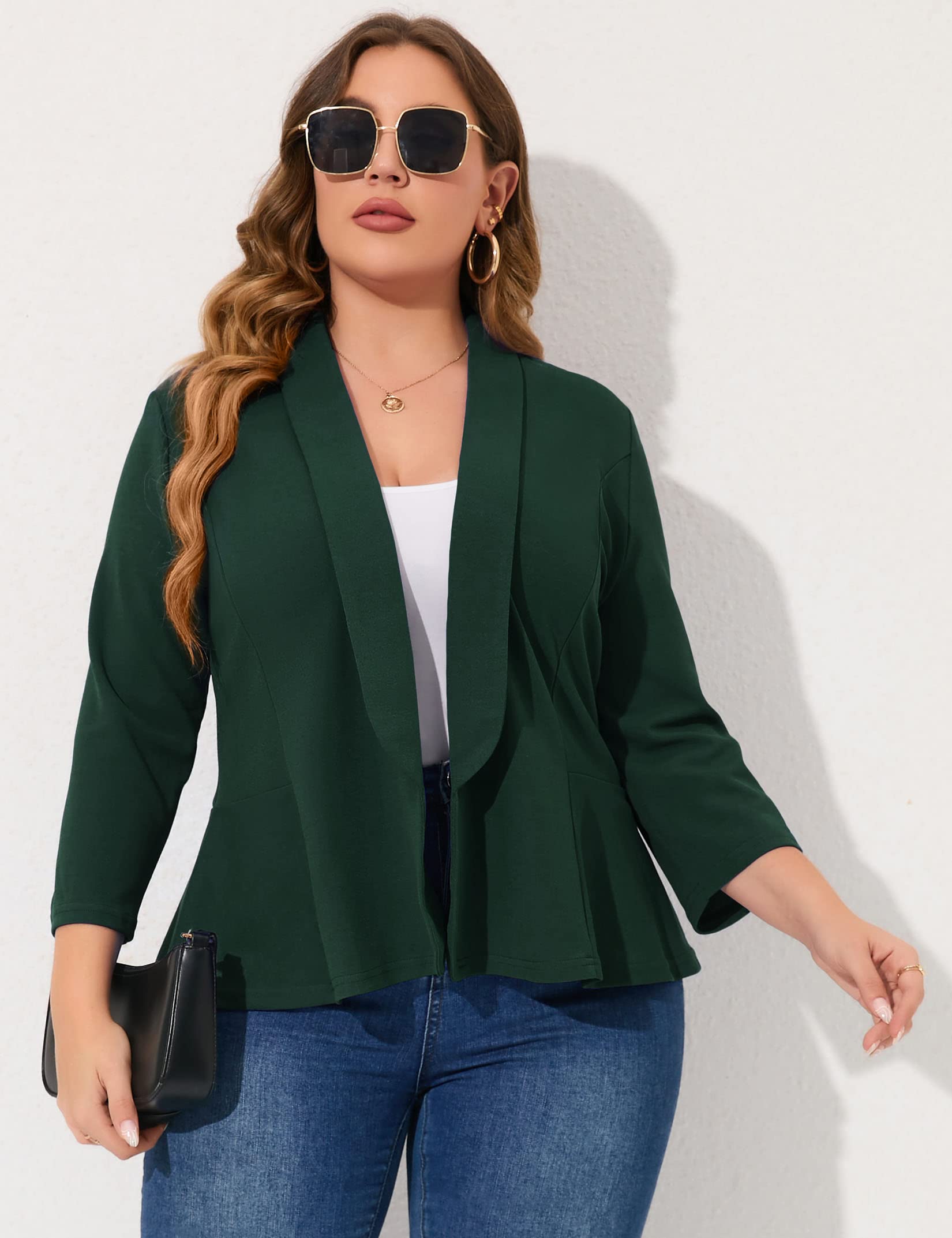 KOJOOIN Women Plus Size Casual Blazer Open Front Long Sleeve Work Office Cardigan Jackets Dark Green 2XL