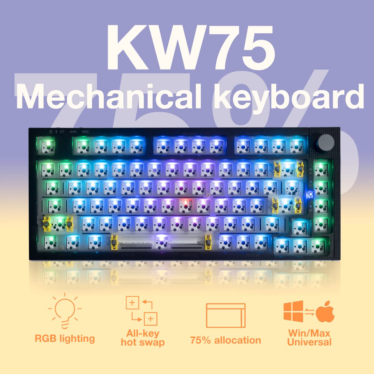 SUEHIODHY KW75 Gaming Keyboard Kit Hot-Swap Mechanical Keyboard 2.4GHz/Bluetooth 5.0/USB-Cwith Knob RGB Backlit(Black)