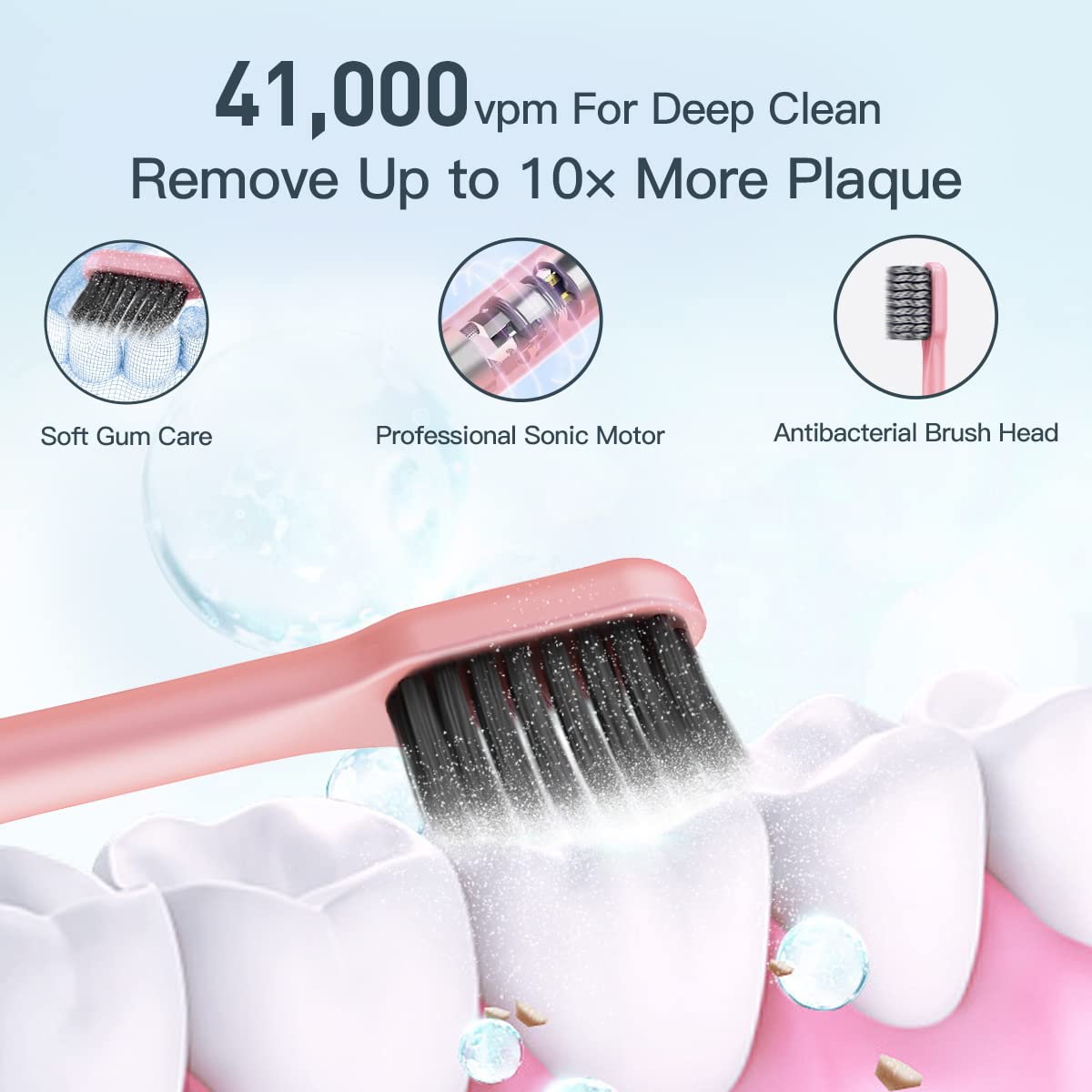SUFOR-U Q5 Sonic Electric Toothbrush with Cleaning Cup, 4 Modes Travel Toothbrush for Adults, 4 Hours Fast Charge for 45 Days, 41000 VPM, Smart Timer, Self-Cleaning Light Powered Toothbrush (Pink)