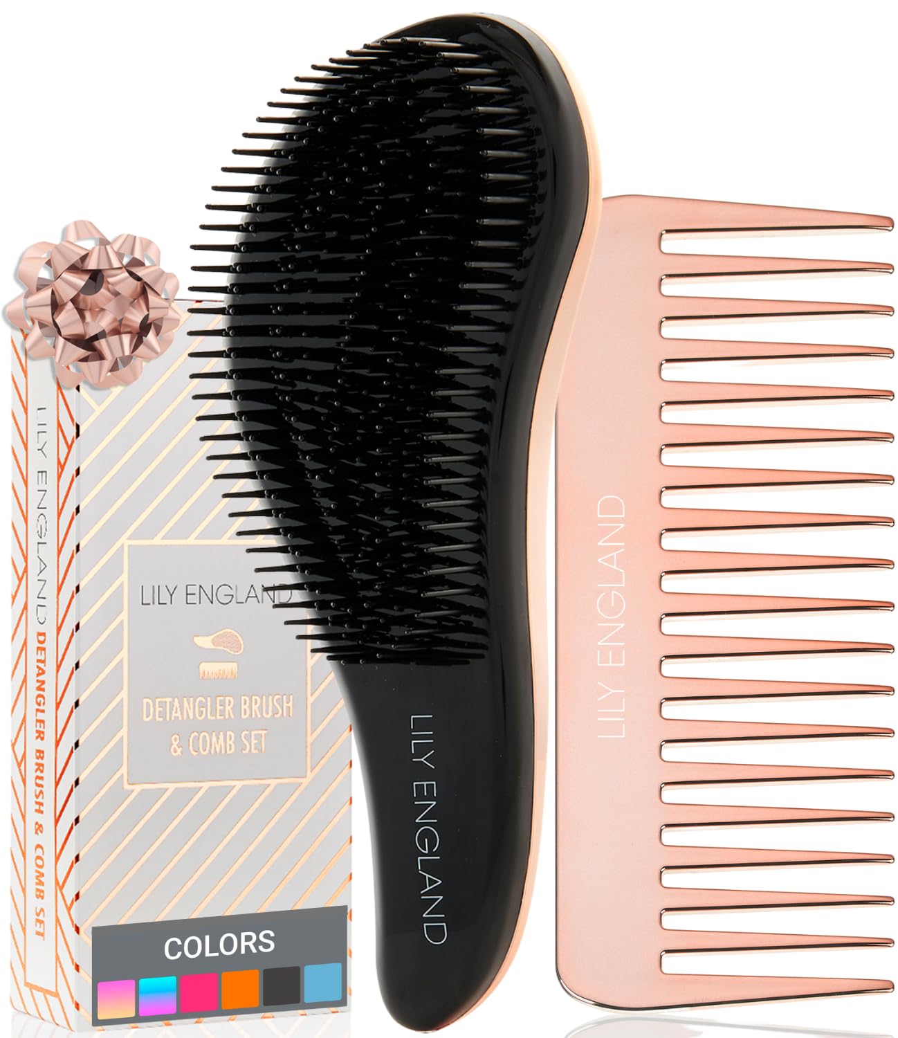 Lily England Detangler Brush & Hair Comb Set - Lightweight Hair Brush & Wide Tooth Comb for Women & Kids - Smooth Detangling Brush & Comb for Curly Hair, Straight, Dry, Fine, & Thick Hair, Rose Gold