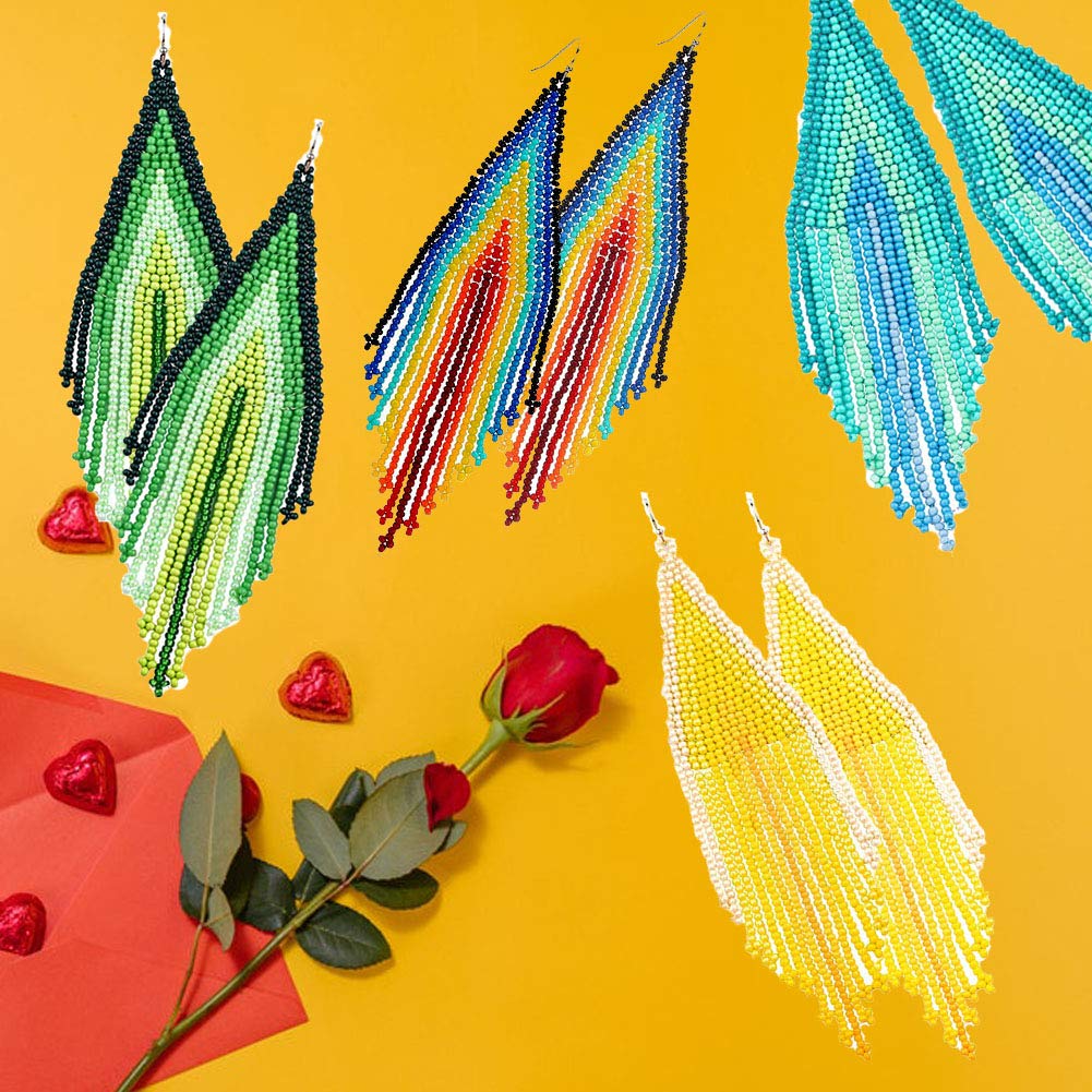 Long Beaded Tassel Earrings - Stripe Bohemian Fringe Dangle Earrings, Seed Bead Tribal Drop Earrings, Pendientes De Borla,Idea for Women, Party