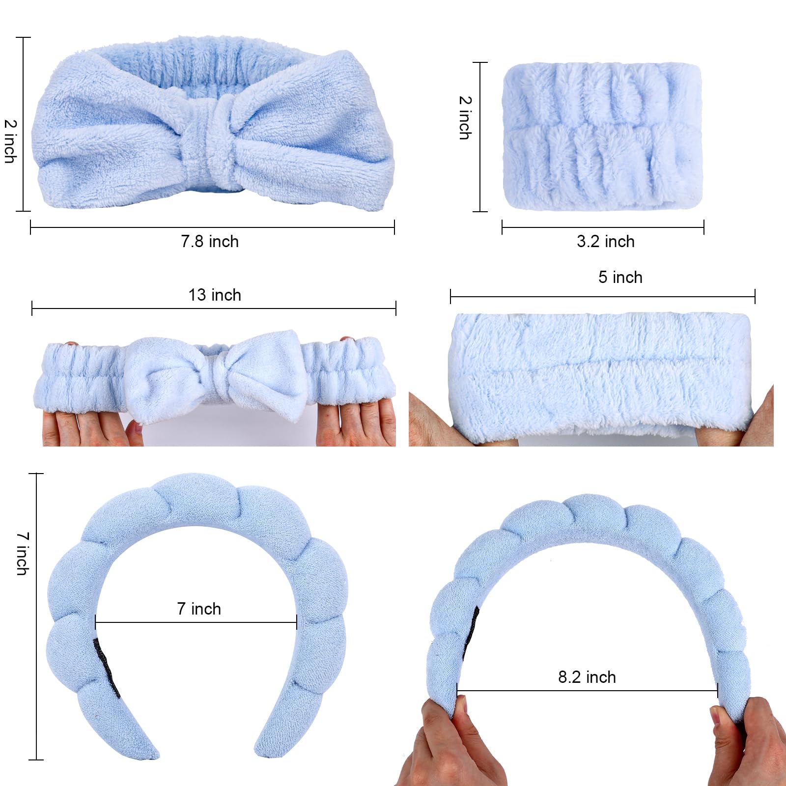 TEAWOO 8 PCS Spa Headband Combo Pack with Wristbands - Puffy Terry Cloth Makeup and Skincare Headbands (Pink+Blue)