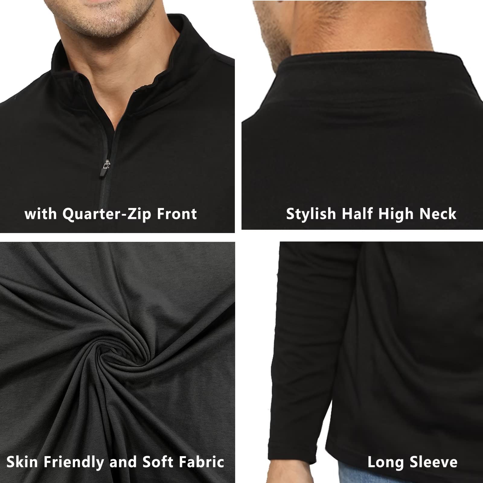 Rela Bota Mens Quarter-Zip Shirts Long Sleeve Soft Fabric Performance Running Casual Pullover Black