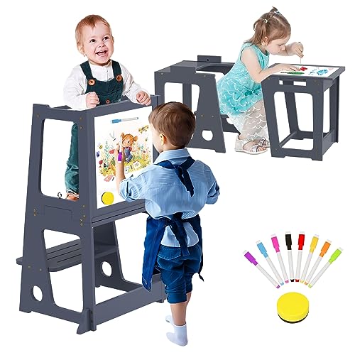 Kitchen Toddler Tower, Toddler Step Stool Learning Standing Tower with Whiteboard 2 in 1 Convertible Table and Chair, Removable Safety Rail, Widened Platforms for Kitchen Counter Bathroom Sink