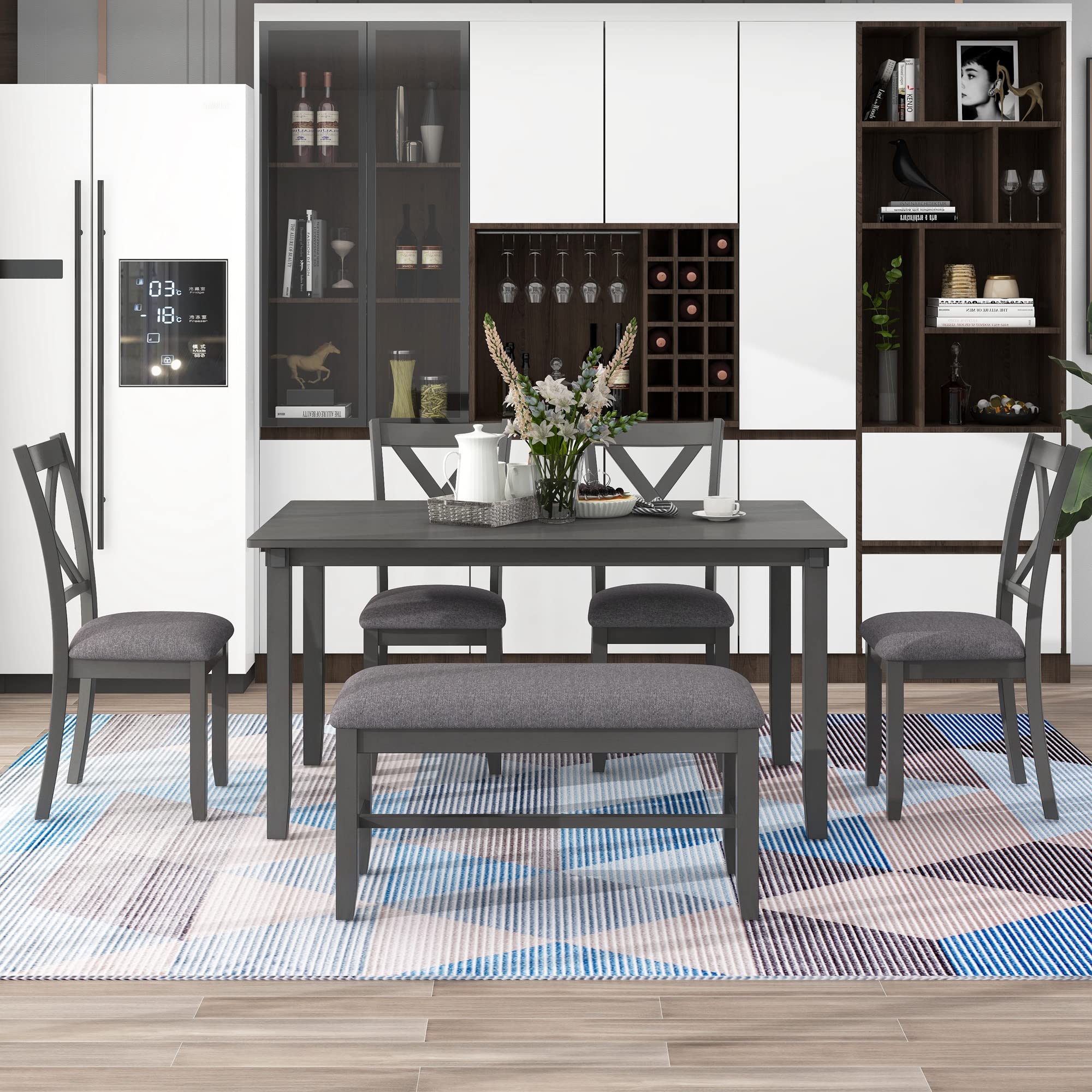 KoiHome 7-Piece Retro Shaped Legs, 6 Upholstered Chairs with Seat Cushion, Wood Kitchen Table Set for Dining Living Room Furniture (Gray+White)