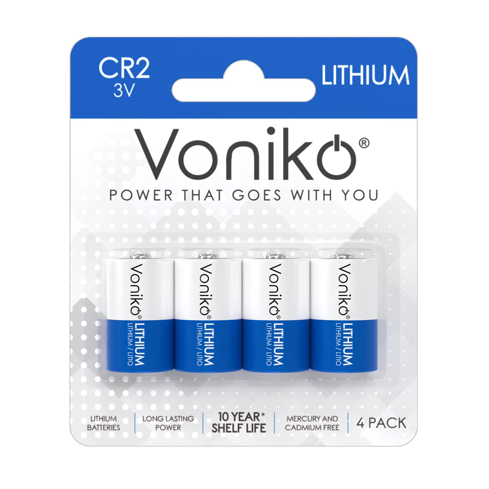 Voniko CR2 3V Lithium Batteries (4-Pack), CR2 3 Volt High Power Lithium-Battery 10 Years Shelf Life – for Video and Photo-Cameras, Equipment-Lighting, and More