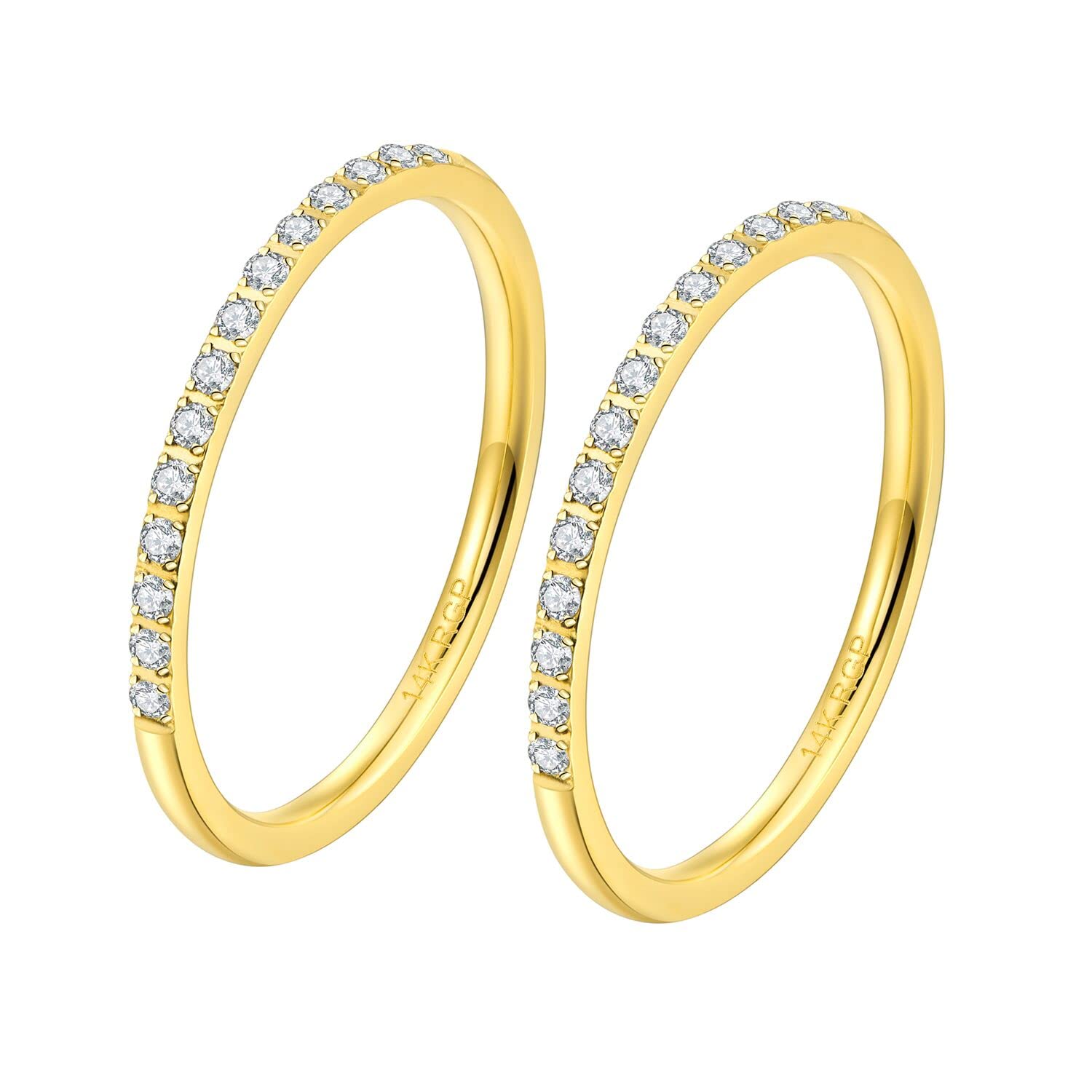 NOKMIT 1.5mm 2Pcs 14K Gold Half Eternity Ring for Women Thin Cubic Zirconia Stacking Engagement Bands Comfort Fit Size 5-10 (Gold-14CZ, 9)