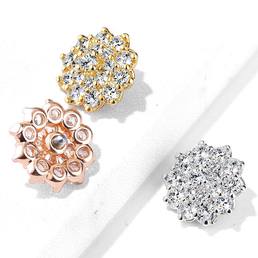 MoBody 14G Paved CZ Double Tier Round Flower Dermal Anchor Surgical Steel Internally Threaded Dermal Anchor Body Piercing Top (Silver-Tone)