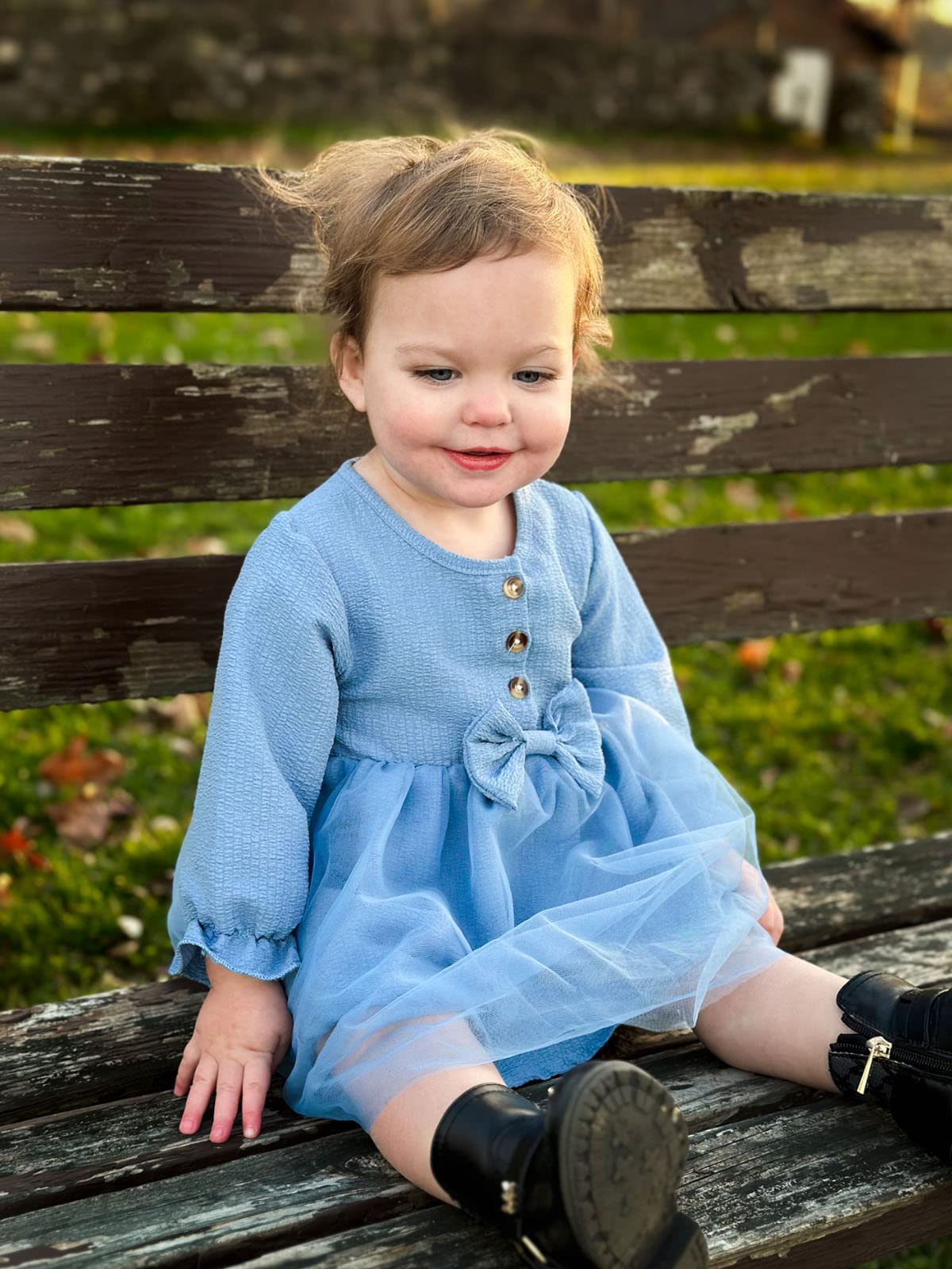 Toddler Long Sleeve Dress 2T 3T Girl Blue Fall Dresses A-Line Bowknot Single-Breasted Outfits