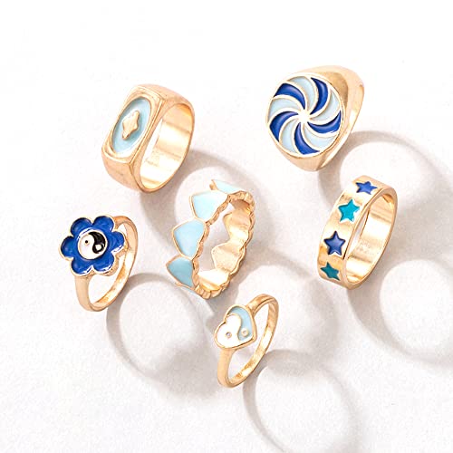 Minzaos Y2K Style Chunky Retro Resin Acrylic Ring Set Yin-yang Ring Heart Knuckle Ring Star Finger Ring Cute Lollipop Ring Statement Stackable Rings Set for Women Girls (Blue)