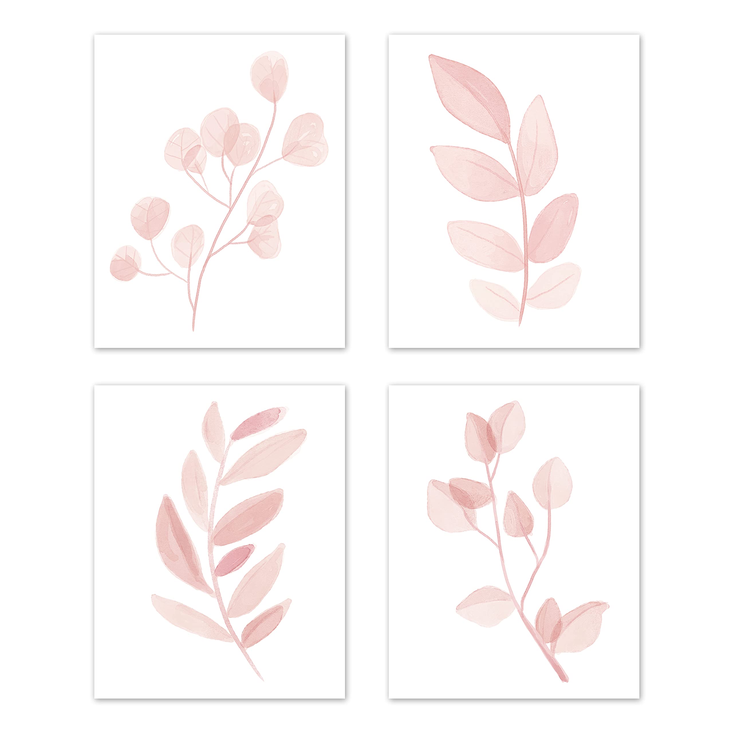 Sweet Jojo Designs Blush Pink and White Floral Leaf Wall Art Prints Room Decor for Baby, Nursery, and Kids - Boho Chic Bohemian Watercolor Botanical Flower Woodland Tropical Single Flower - Set of 4