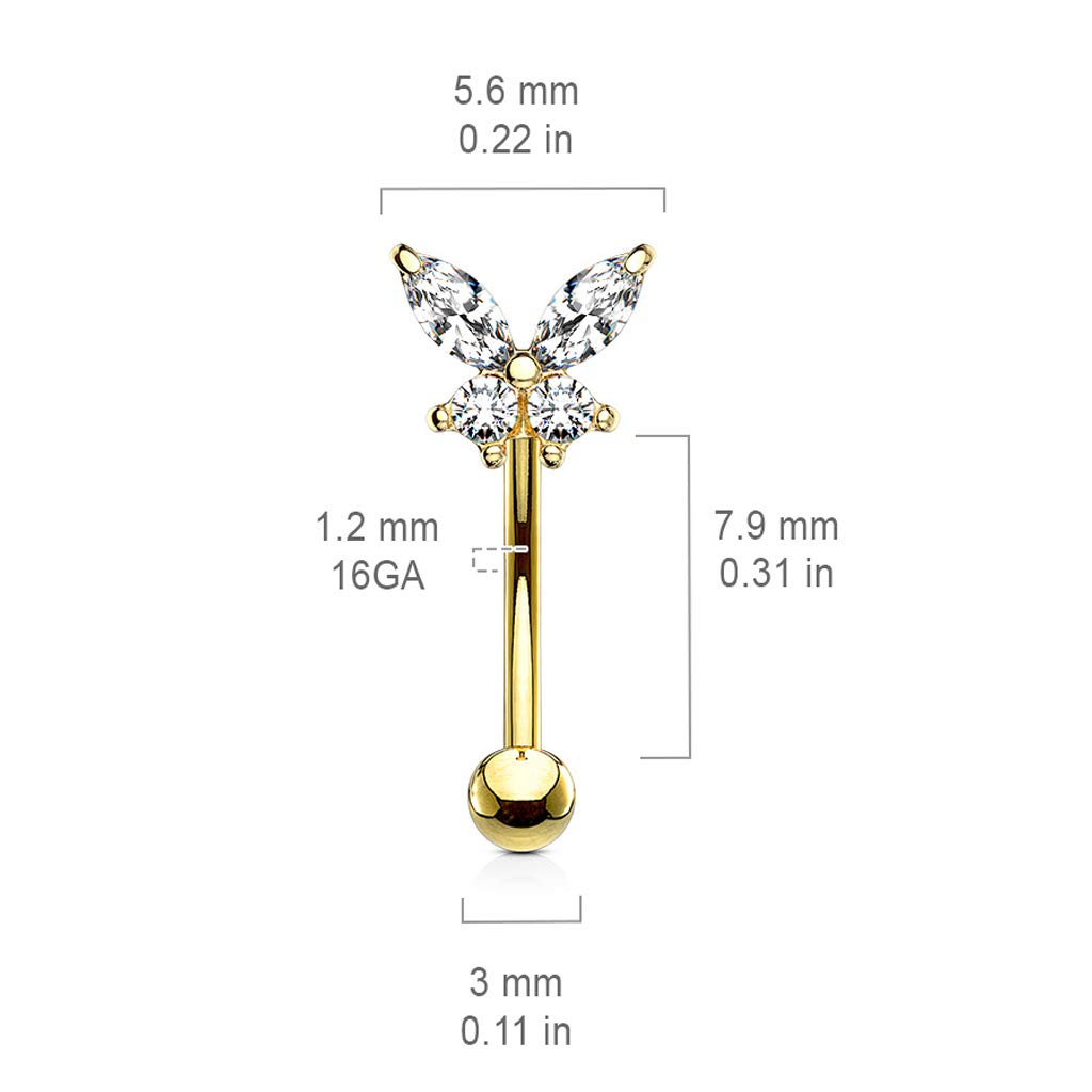 MoBody 16G CZ Jeweled Butterfly Top Curved Eyebrow Barbell Surgical Steel Body Piercing Eyebrow Ring (Clear)
