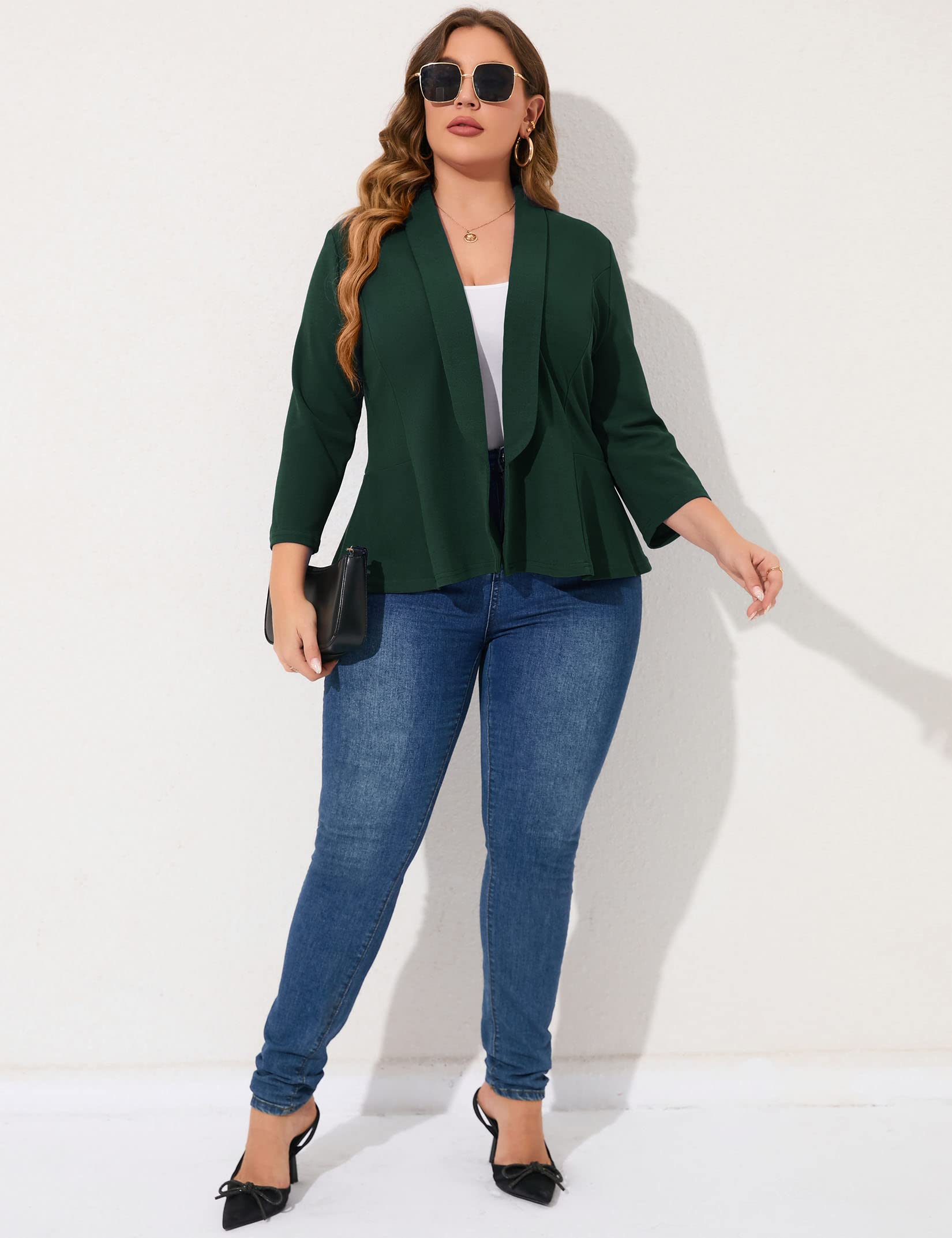 KOJOOIN Women Plus Size Casual Blazer Open Front Long Sleeve Work Office Cardigan Jackets Dark Green 2XL
