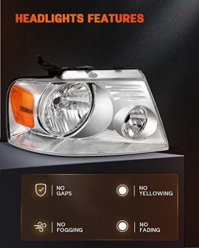 MIROZO For F-150 Headlights from Headlamps Assembly Set for Ford for F-150 2004 2005 2006 2007 2008 Chrome Housing Amber Reflector Clear Lens