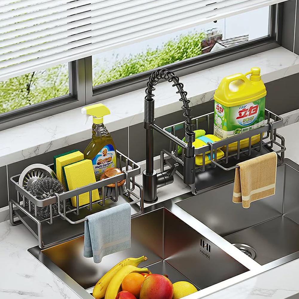 MINGFANITY Sponge Holder for Kitchen Sink with Drain Tray, Neat Kitchen Sink Caddy - Kitchen Sink Organizer - Quick Draining(Matte Black)
