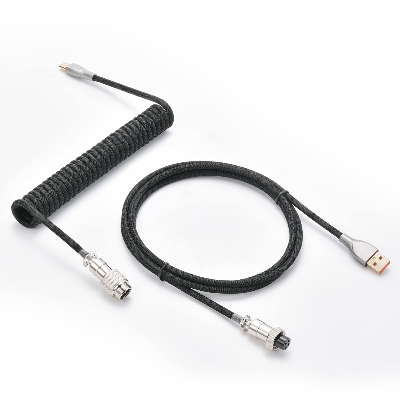 RisoPhy Custom Coiled Keyboard Cable for Gaming Keyboard, USB C Double-Sleeved Mechanical Keyboard Cable with Detachable Metal Aviator, 1.5M USB-C to USB-A, Braided + PET Mesh Keyboard Cable (Black)
