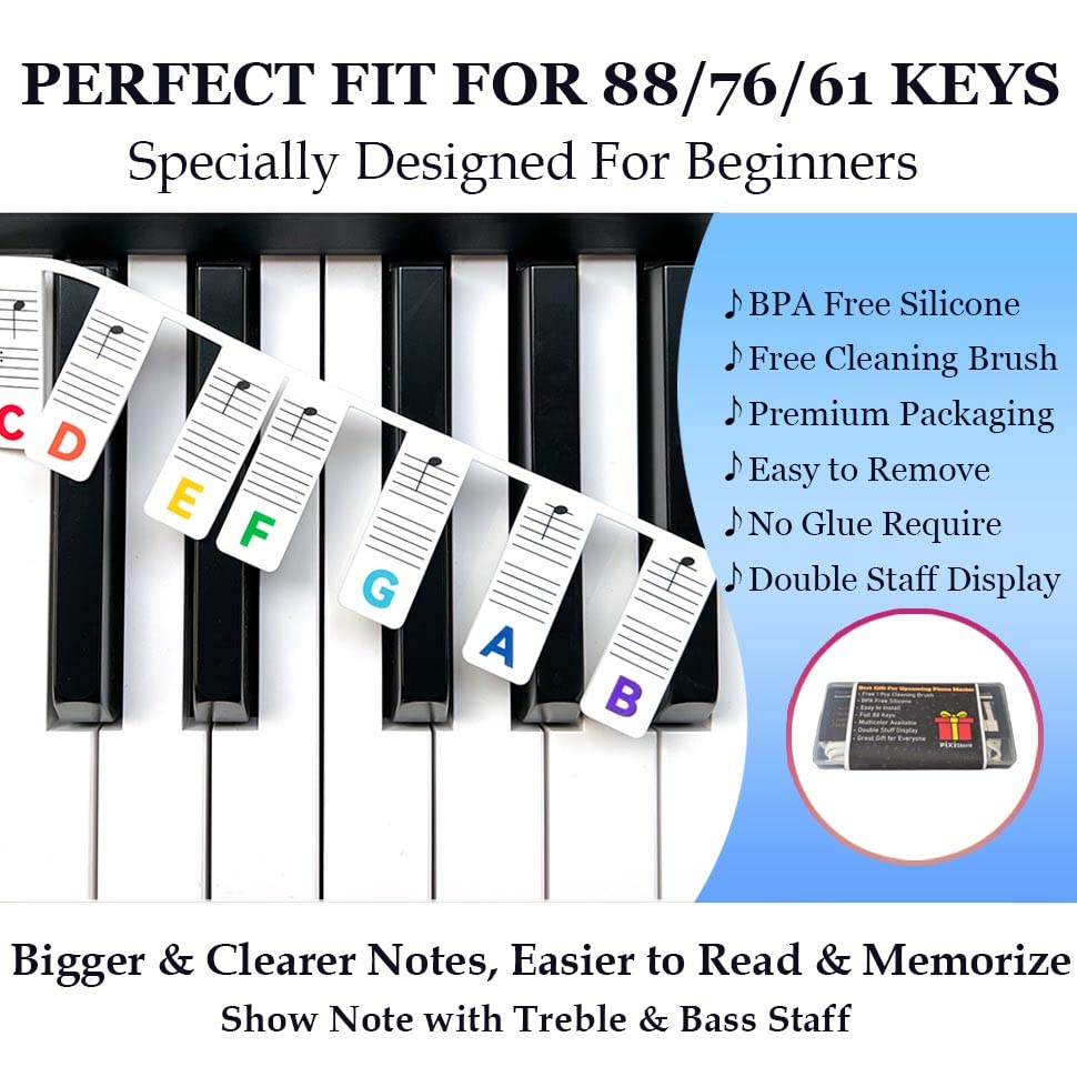 Removable Piano Notes Label for Beginners,Pixi Silicone Piano Notes Labels Guide with Cleaning Brush for Piano Learning Kit, 61/88-Key Full Size Removable Piano Keyboard Note Labels Sticker (Rainbow)