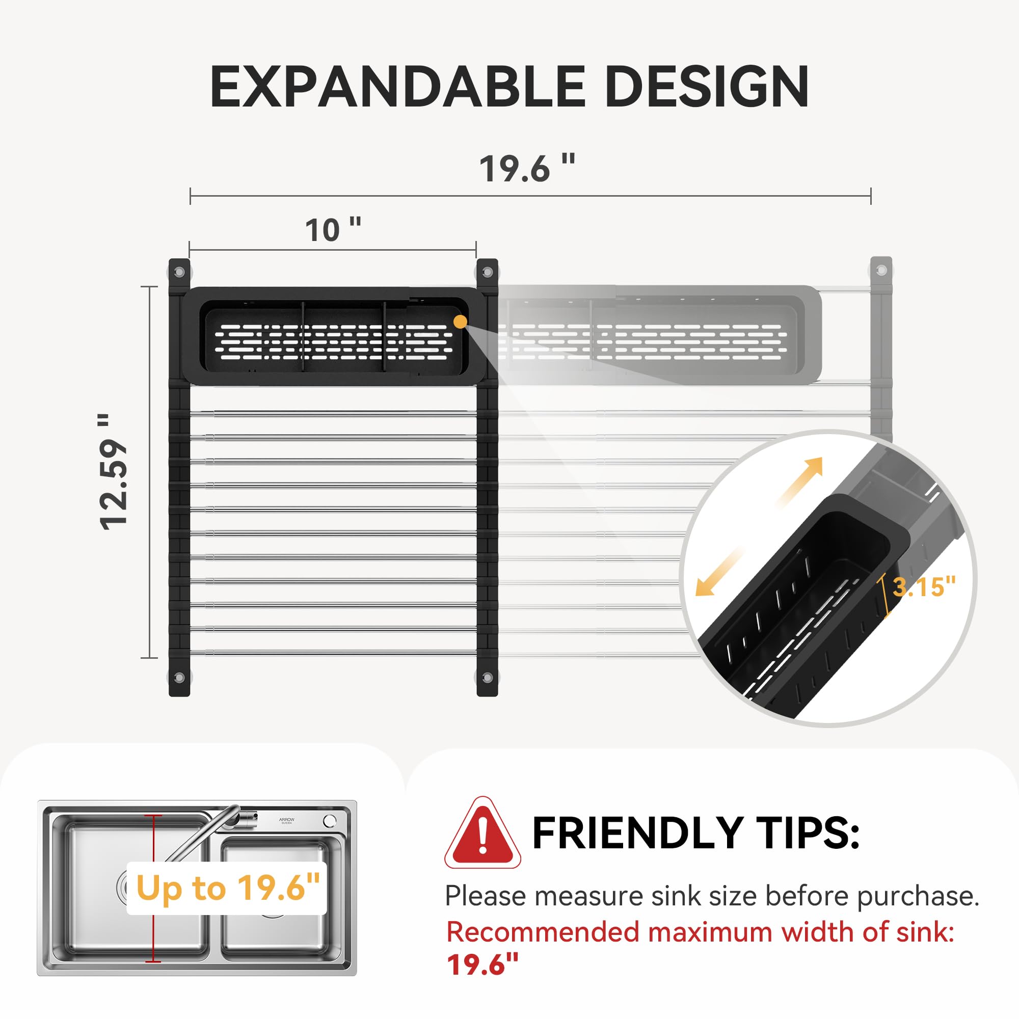 Yofidra Expandable Roll-Up Dish Drying Rack (Up to 19.6") with Expandable Storage Basket, Over-The-Sink Dish Drainer Drying Rack, Foldable Stainless Steel Kitchen Drainer - Black