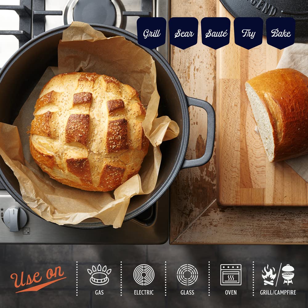 Legend Cookware Cast Iron Dutch Oven | 7qt Heavy-Duty Stock Pot for Frying, Cooking, Baking & Broiling on Induction, Electric, Gas & In Oven | Lightly Pre-Seasoned & Gets Better with Use