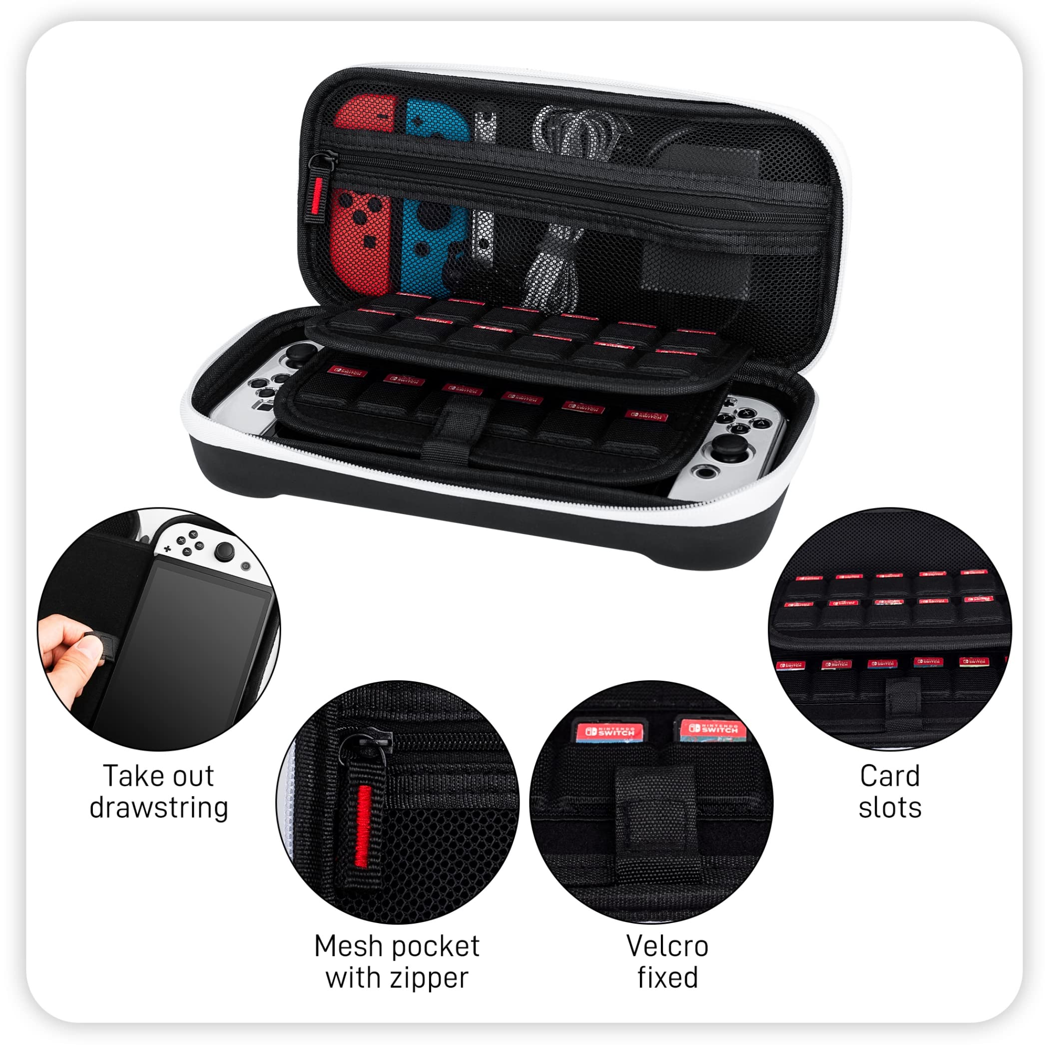 RHOTALL High Capacity Carrying Case Set Compatible with Nintendo Switch OLED, Portable Travel Bag Accessories Storage Case for Switch OLED with Protective Case, 2 Screen Protector and 8 Thumb Caps
