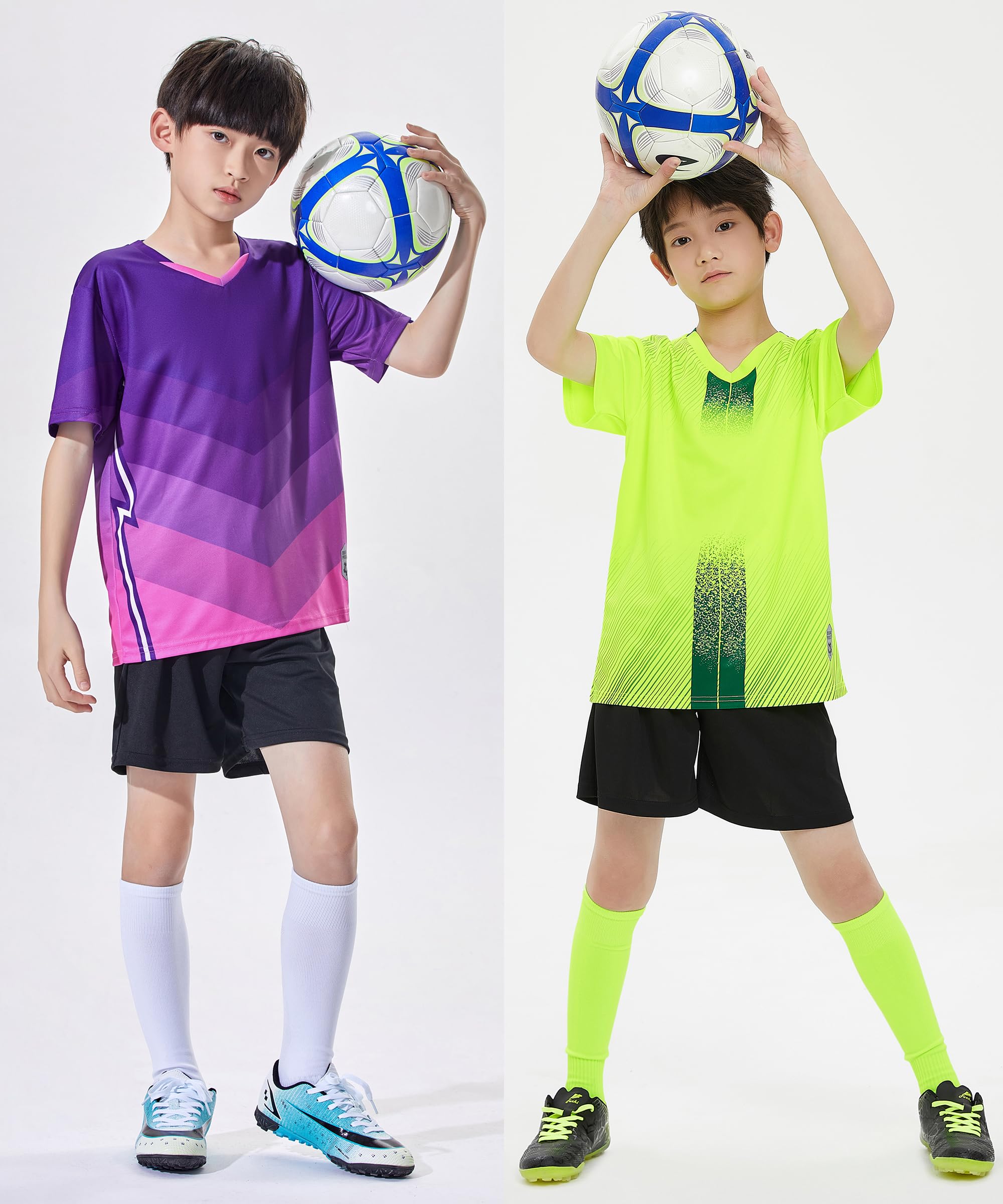 LUCKYLUAN Boy's 2-Pack Soccer Jersey and Short Sets Quick Dry Sports Team Training Uniform Knit 9-10 Years Purple Green