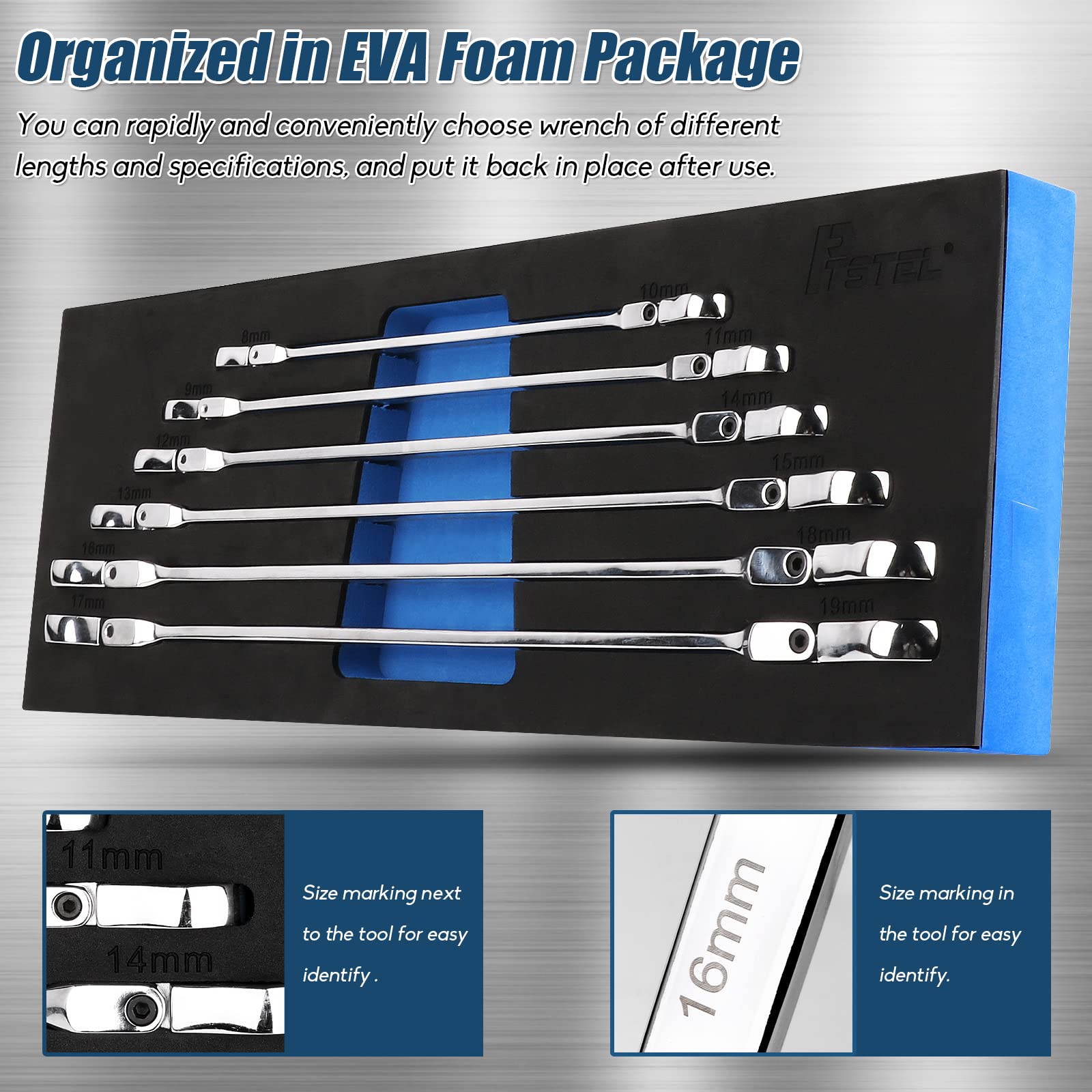 PTSTEL Ratcheting Wrench Set, Extra Long Double Box End Wrench Set,Flex-Head Metric Spanner Set, 6 Piece 72-Tooth Ratcheting Wrench Kit, 8-19mm (6, 8-19mm)